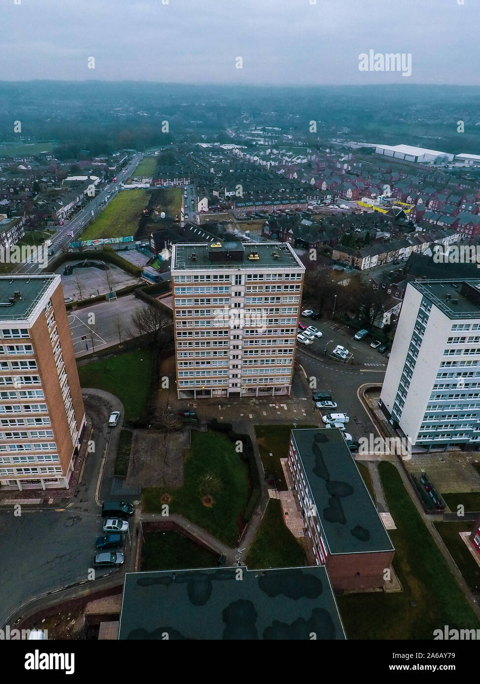 Aerial view of high rise tower blocks, flats built in the city of Stoke ...