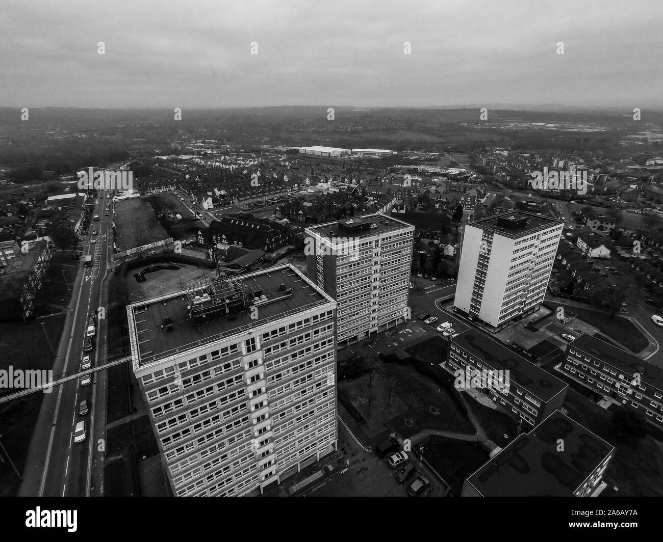 Aerial view of high rise tower blocks, flats built in the city of Stoke ...