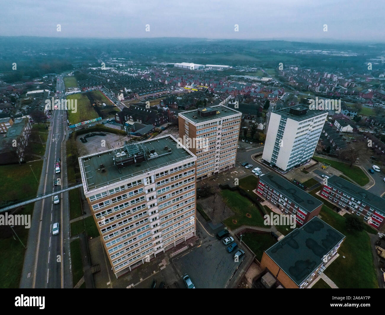 Aerial view of high rise tower blocks, flats built in the city of Stoke ...