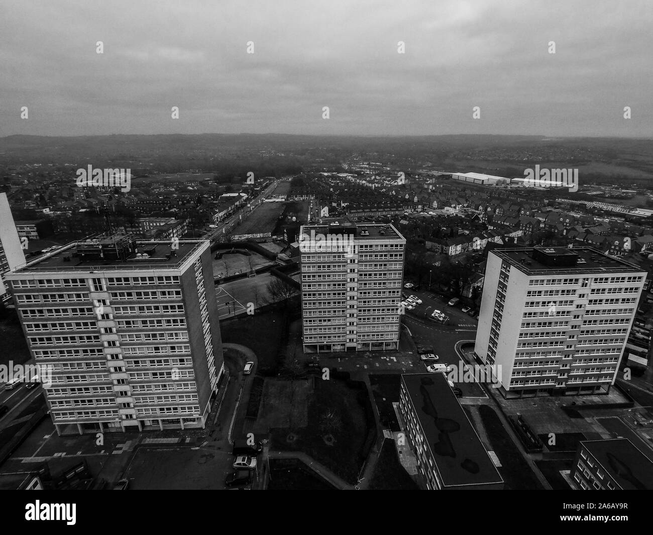 Aerial view of high rise tower blocks, flats built in the city of Stoke ...