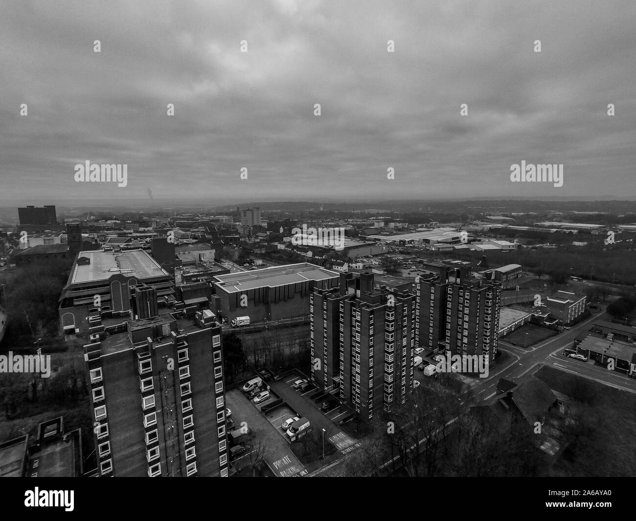 Aerial view of high rise tower blocks, flats built in the city of Stoke ...