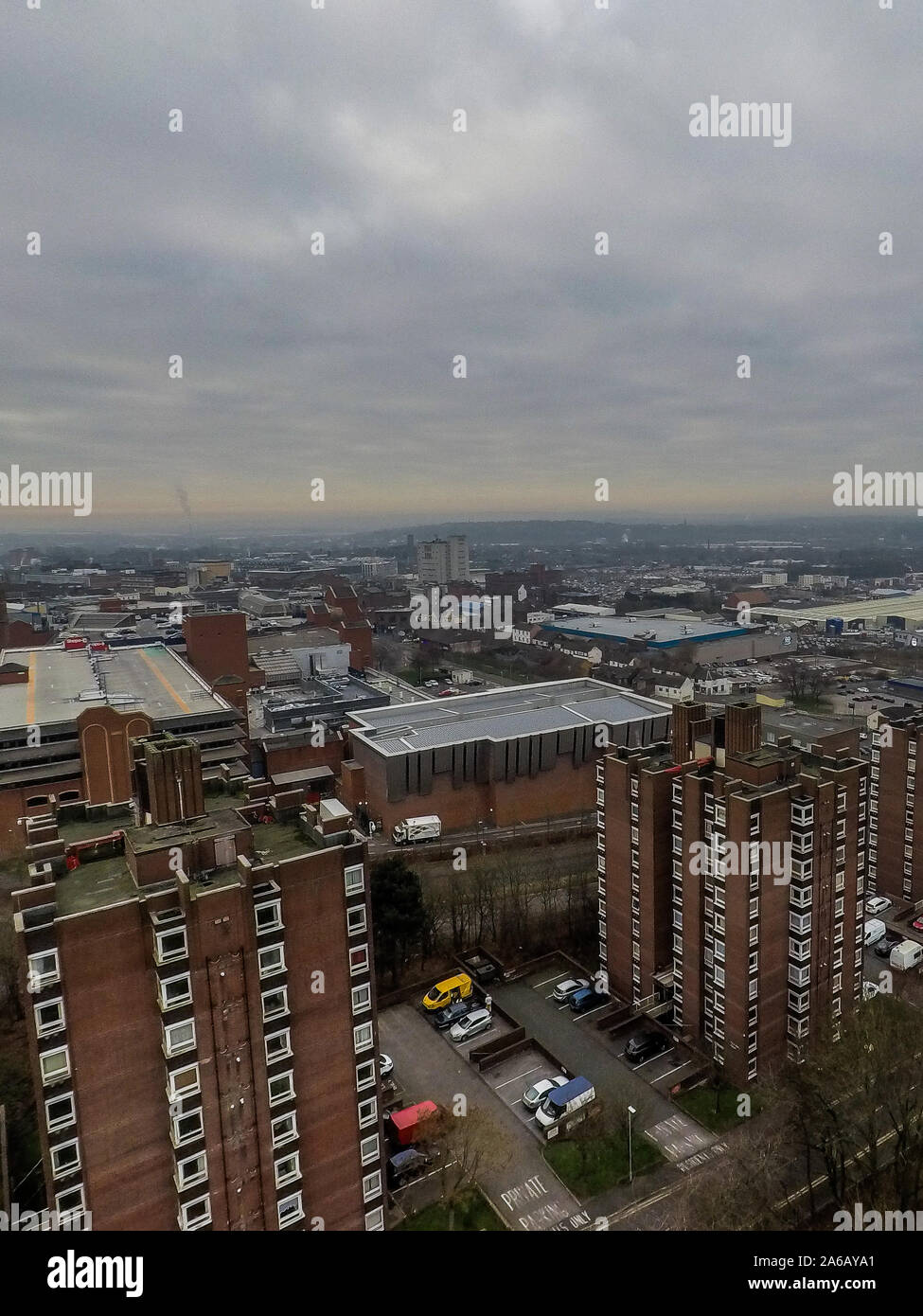 Aerial view of high rise tower blocks, flats built in the city of Stoke ...
