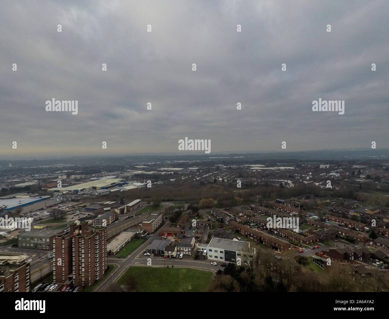 Aerial view of high rise tower blocks, flats built in the city of Stoke ...