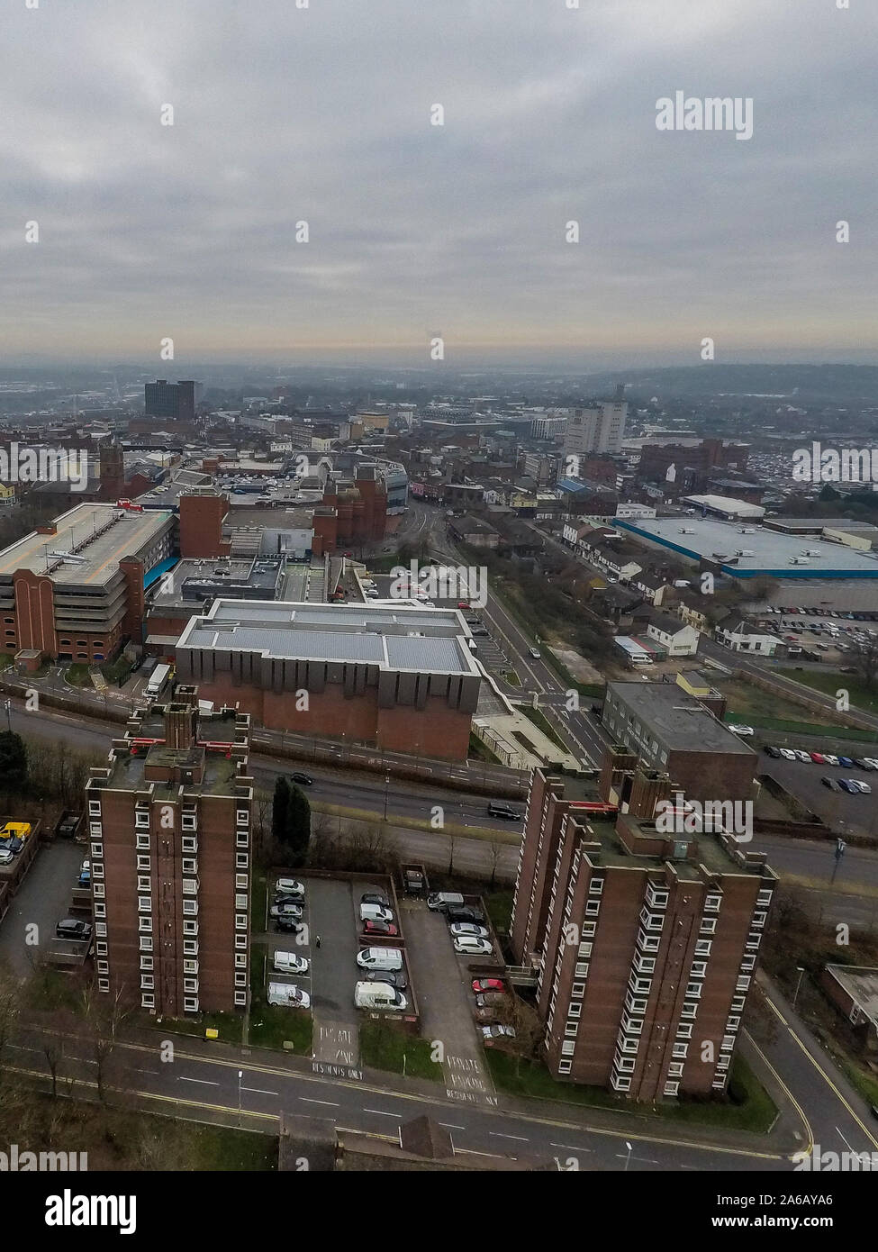 Aerial view of high rise tower blocks, flats built in the city of Stoke ...