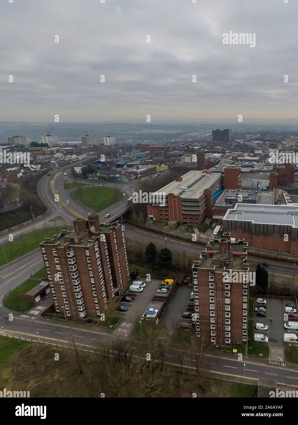 Aerial view of high rise tower blocks, flats built in the city of Stoke ...