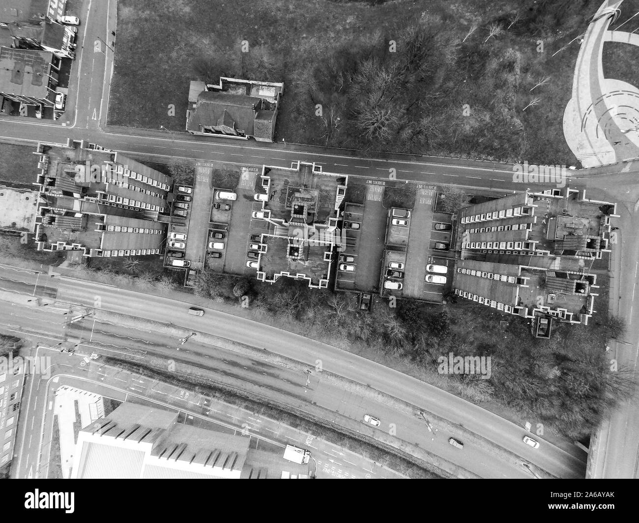 Aerial view of high rise tower blocks, flats built in the city of Stoke ...