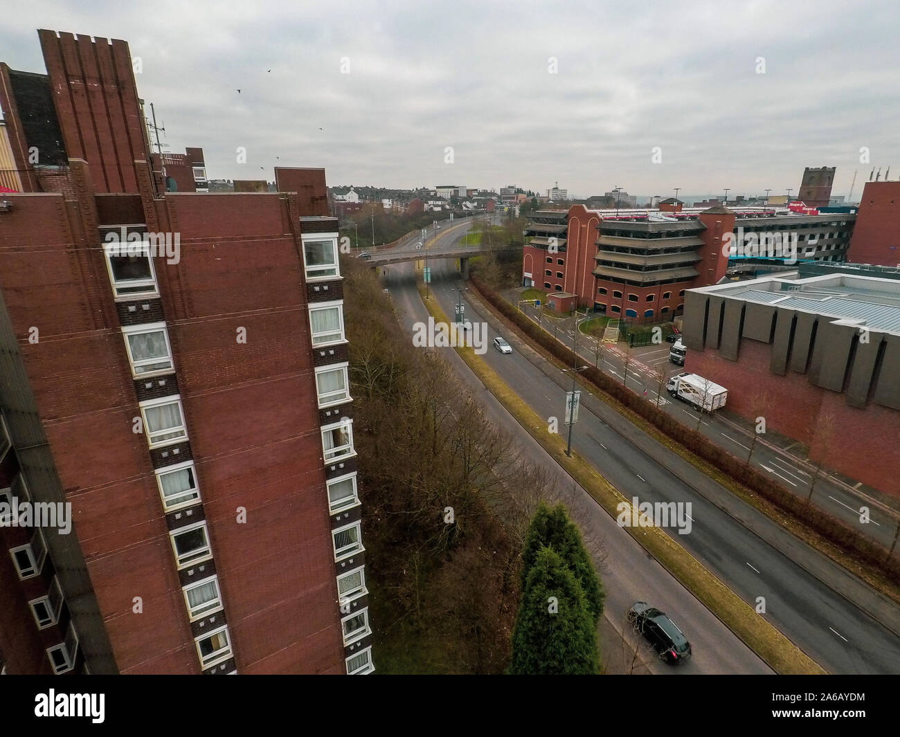 Aerial view of high rise tower blocks, flats built in the city of Stoke ...