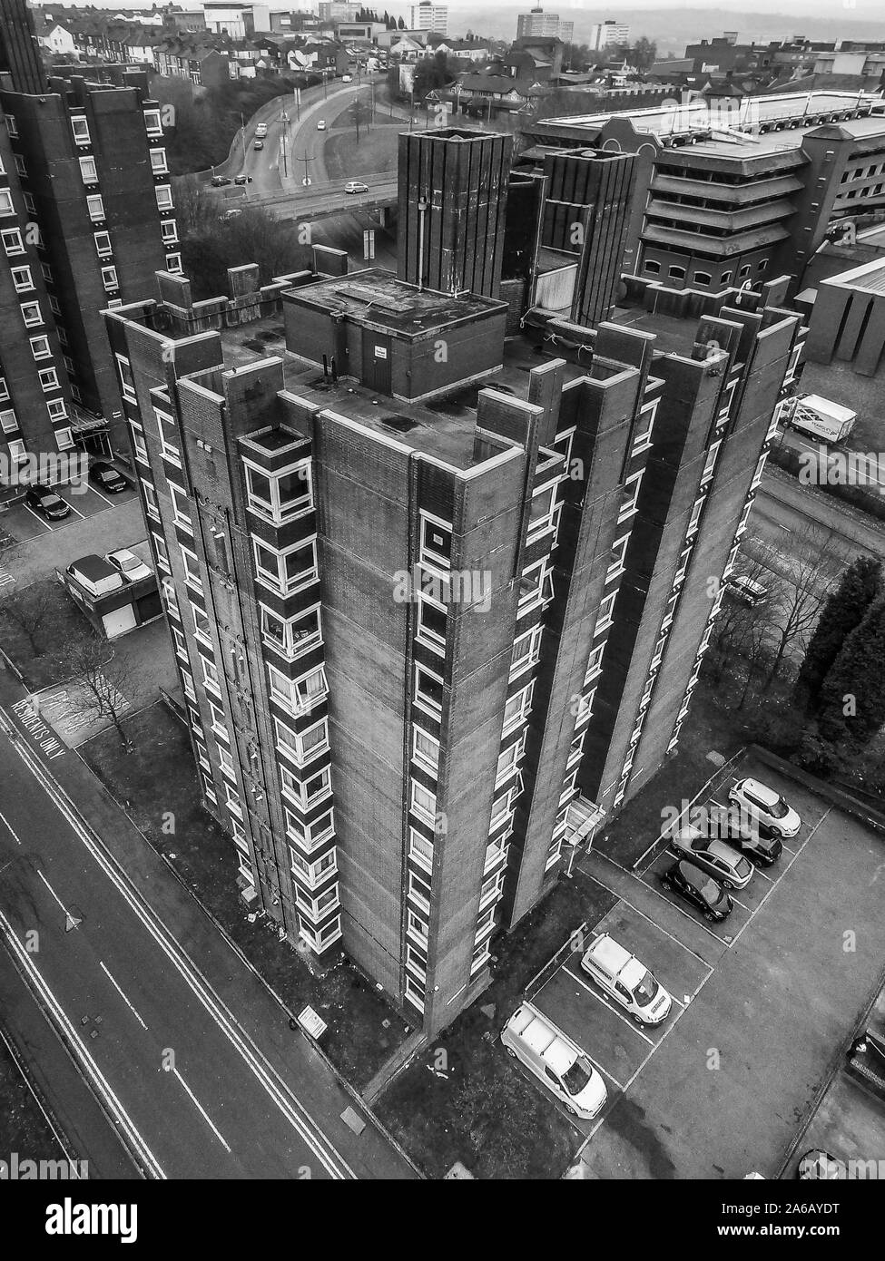 Aerial view of high rise tower blocks, flats built in the city of Stoke ...