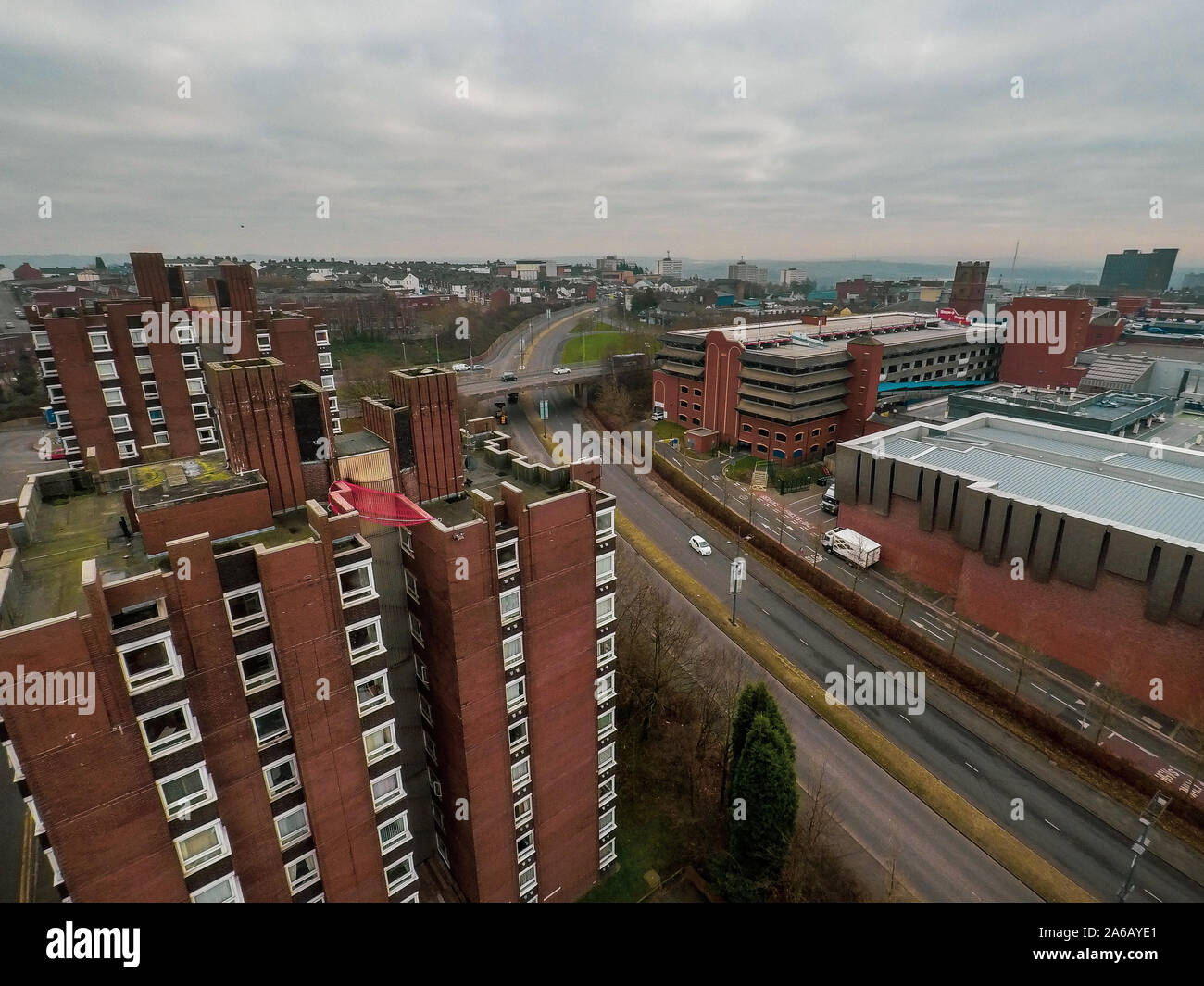 Aerial view of high rise tower blocks, flats built in the city of Stoke ...