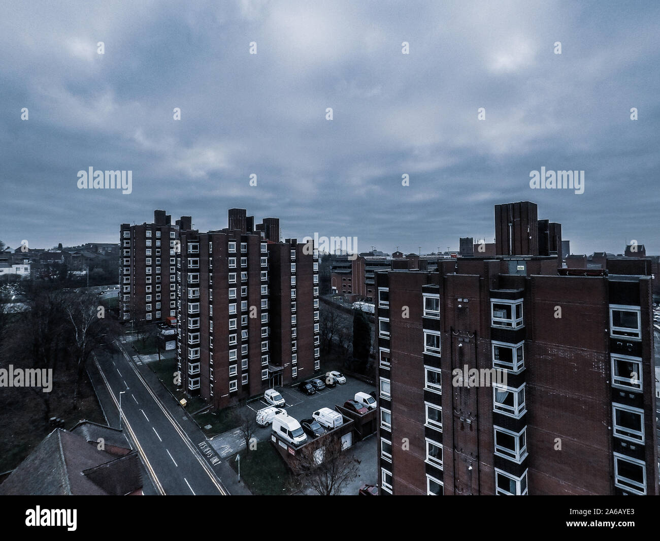 Aerial view of high rise tower blocks, flats built in the city of Stoke ...