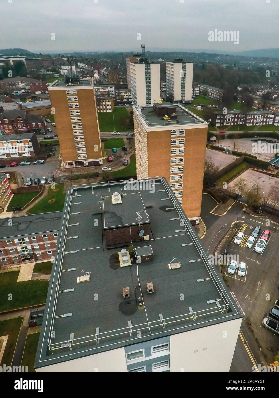 Aerial view of high rise tower blocks, flats built in the city of Stoke ...