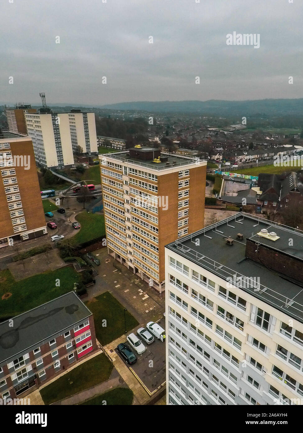 Aerial view of high rise tower blocks, flats built in the city of Stoke ...