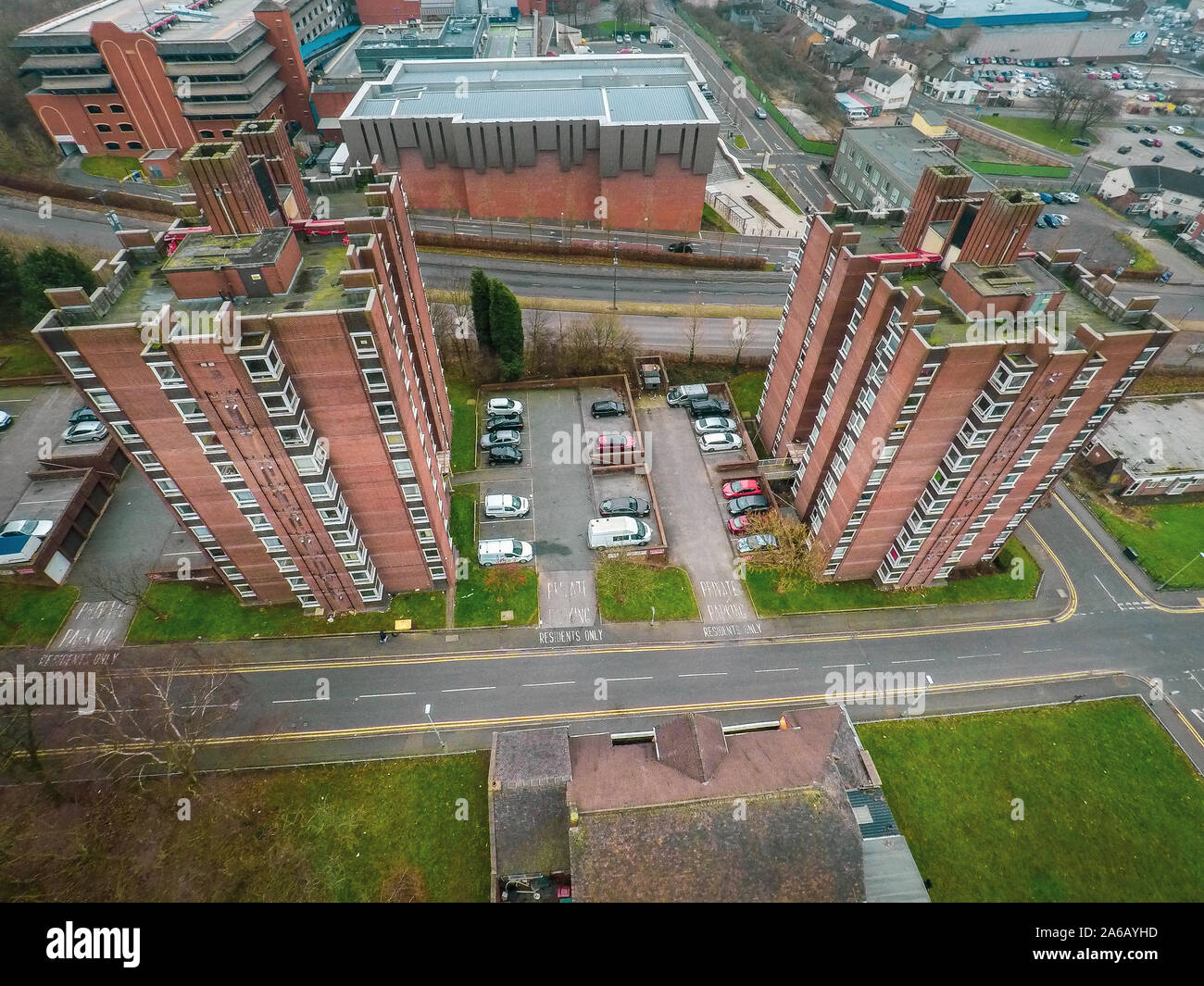 Aerial view of high rise tower blocks, flats built in the city of Stoke ...