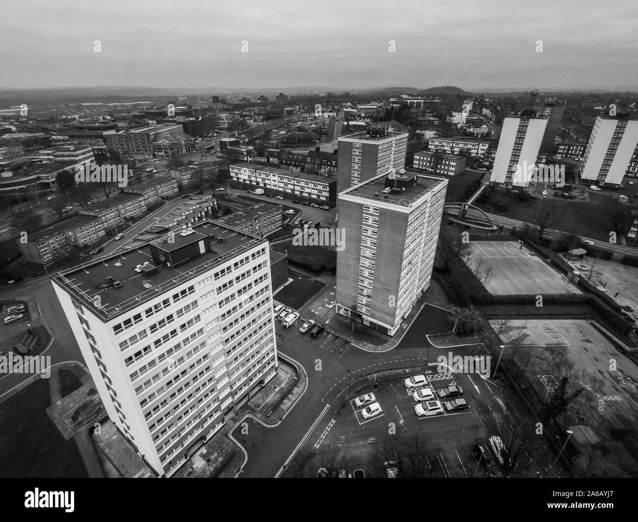 Aerial view of high rise tower blocks, flats built in the city of Stoke ...
