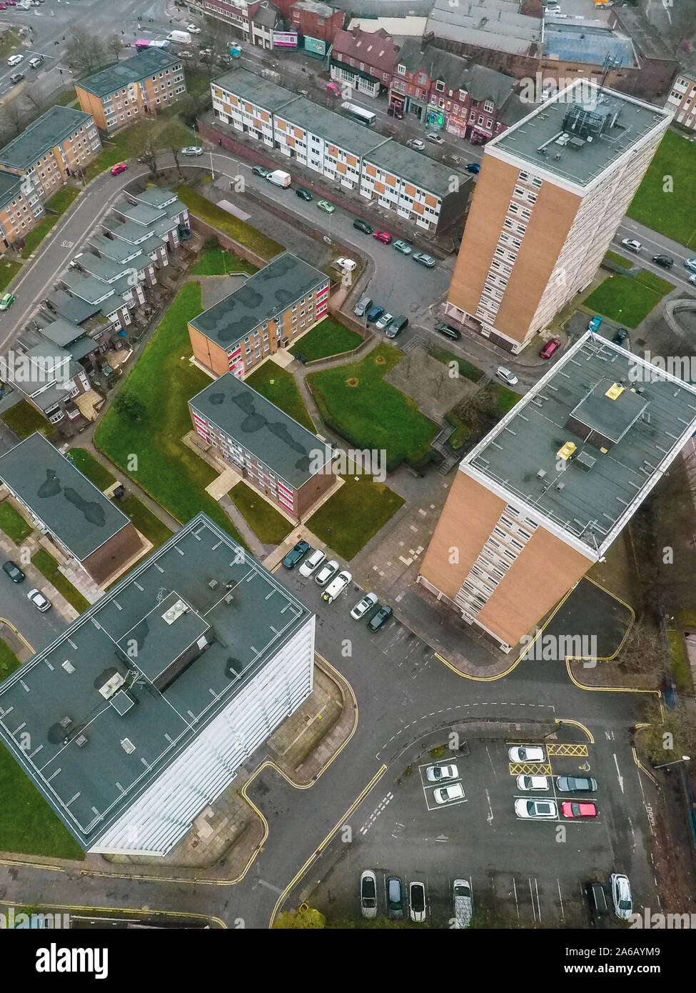 Aerial view of high rise tower blocks, flats built in the city of Stoke ...
