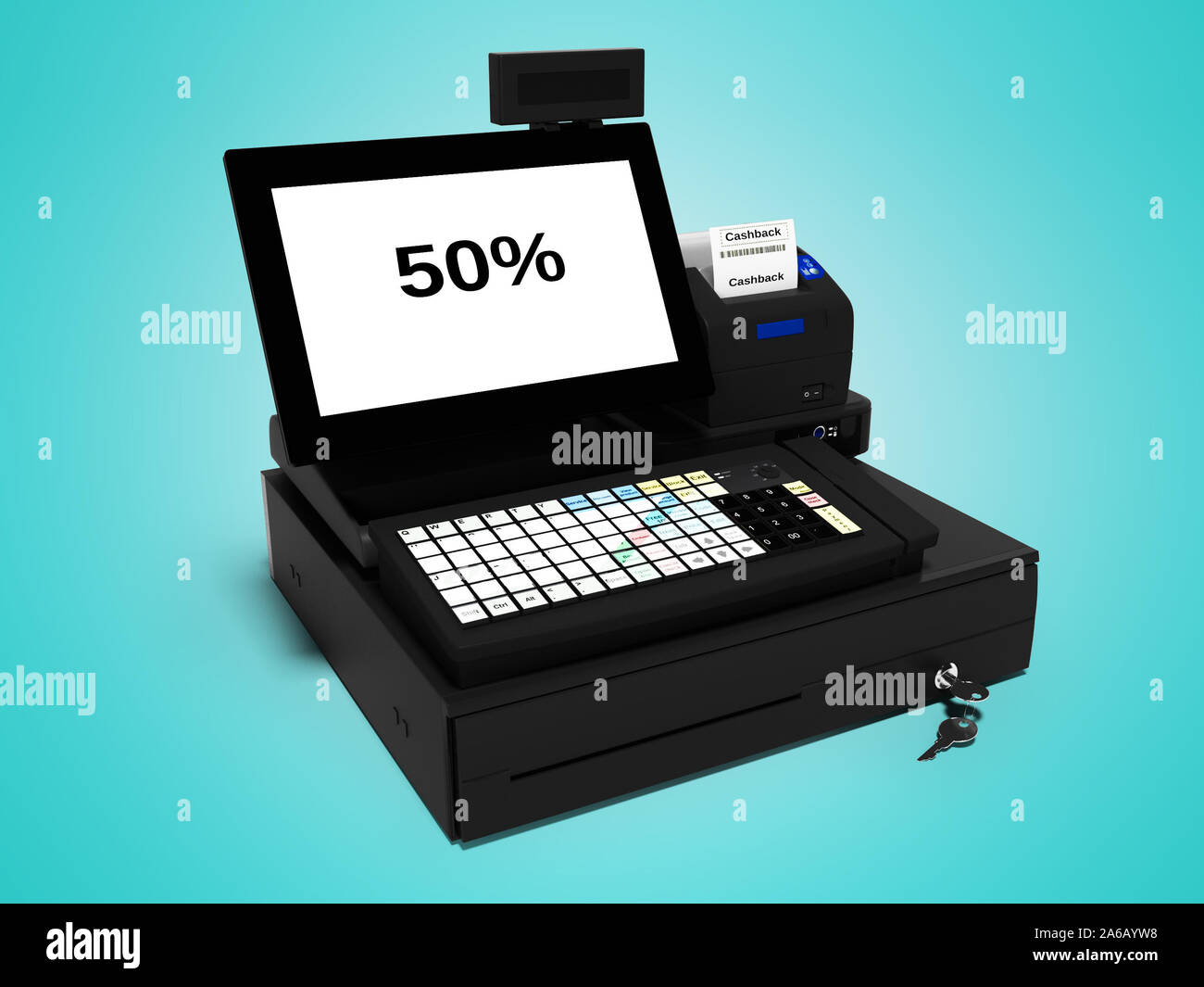 Gray cashier with monitor with cashback function 50 percent when ...