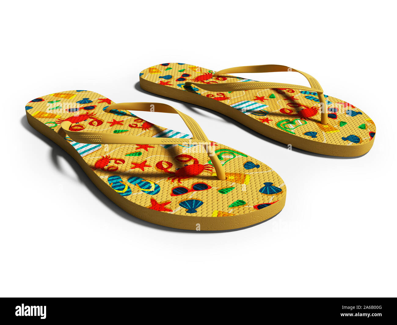 Modern beach slippers with beach animals on the sneak 3d render on ...