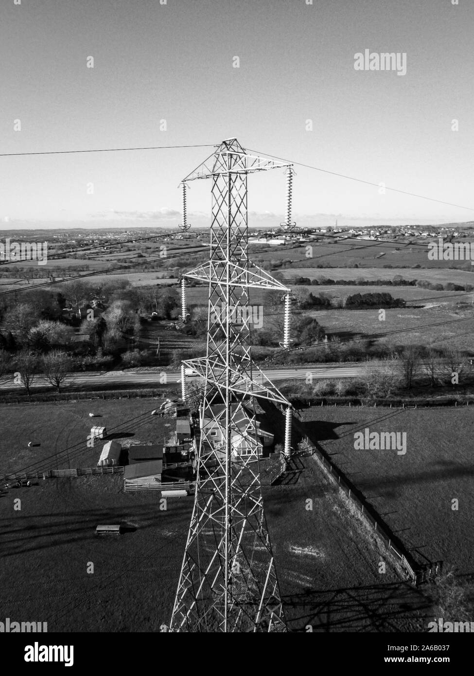 Electric transmission line aerial view Black and White Stock Photos ...