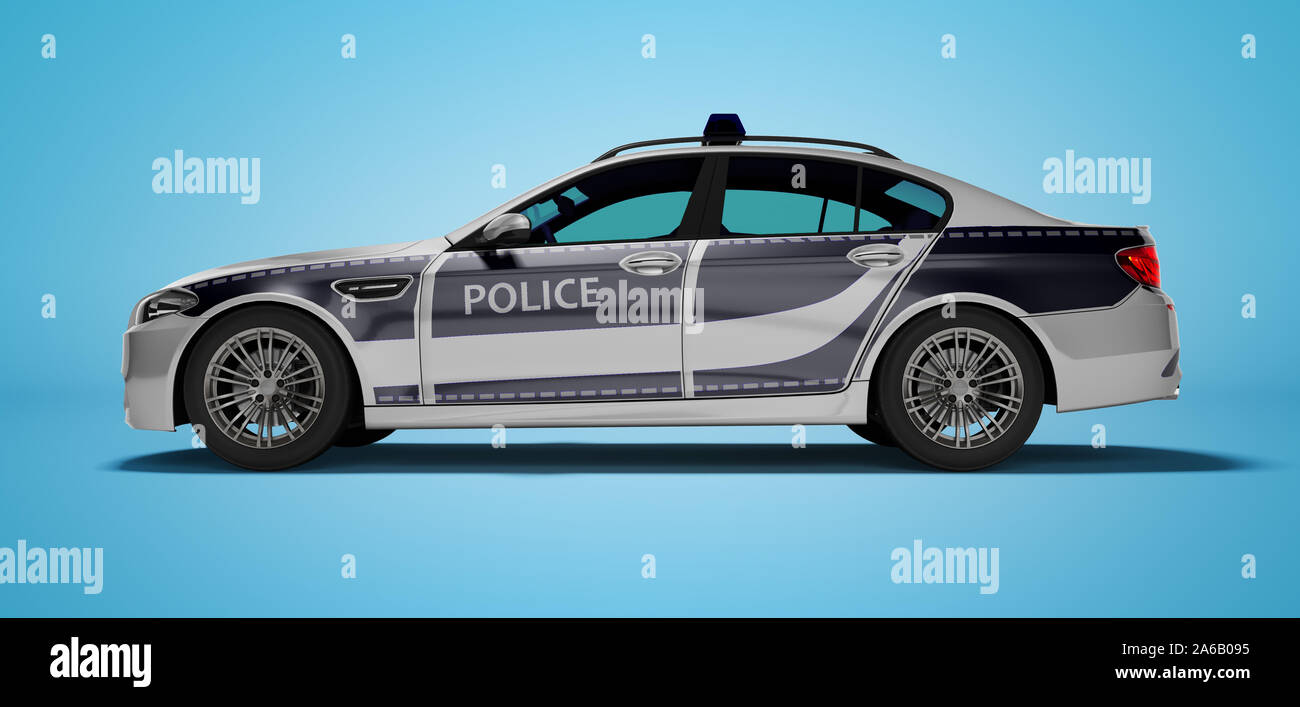 Modern police car with blue accents side view 3d render on blue ...
