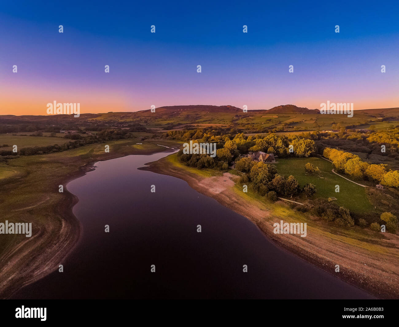 Aerial view of the beautiful Tittesworth water, Reservoir at sunset ...