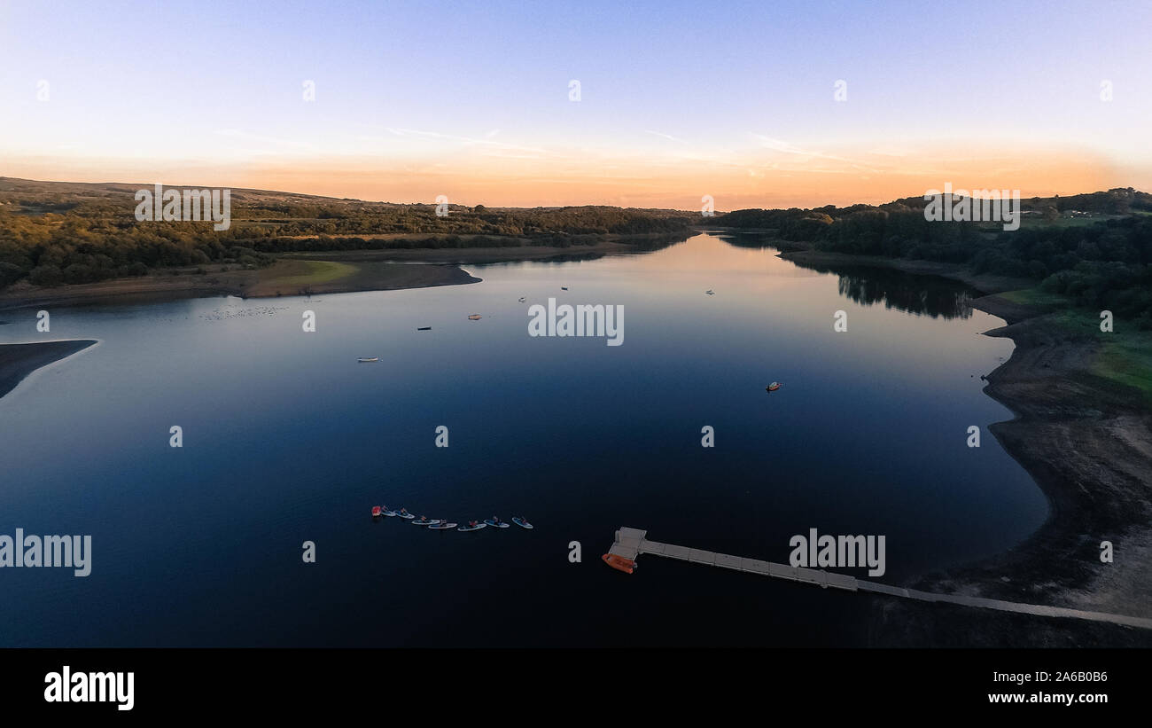 Aerial view of the beautiful Tittesworth water, Reservoir at sunset ...