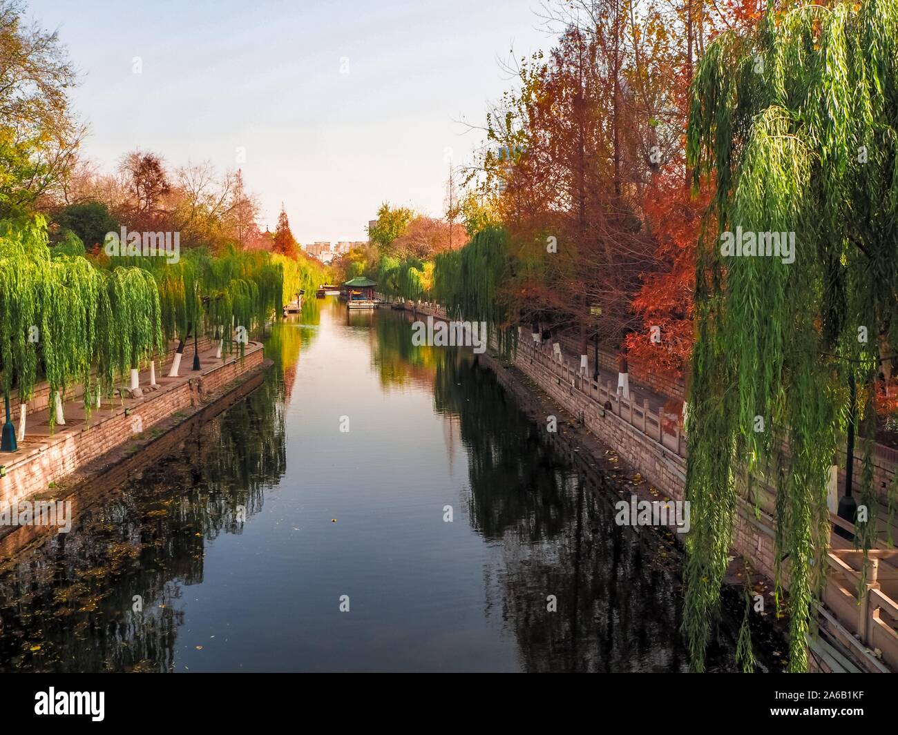 Colorful autumn trees along the canal in Huancheng Park in the city ...