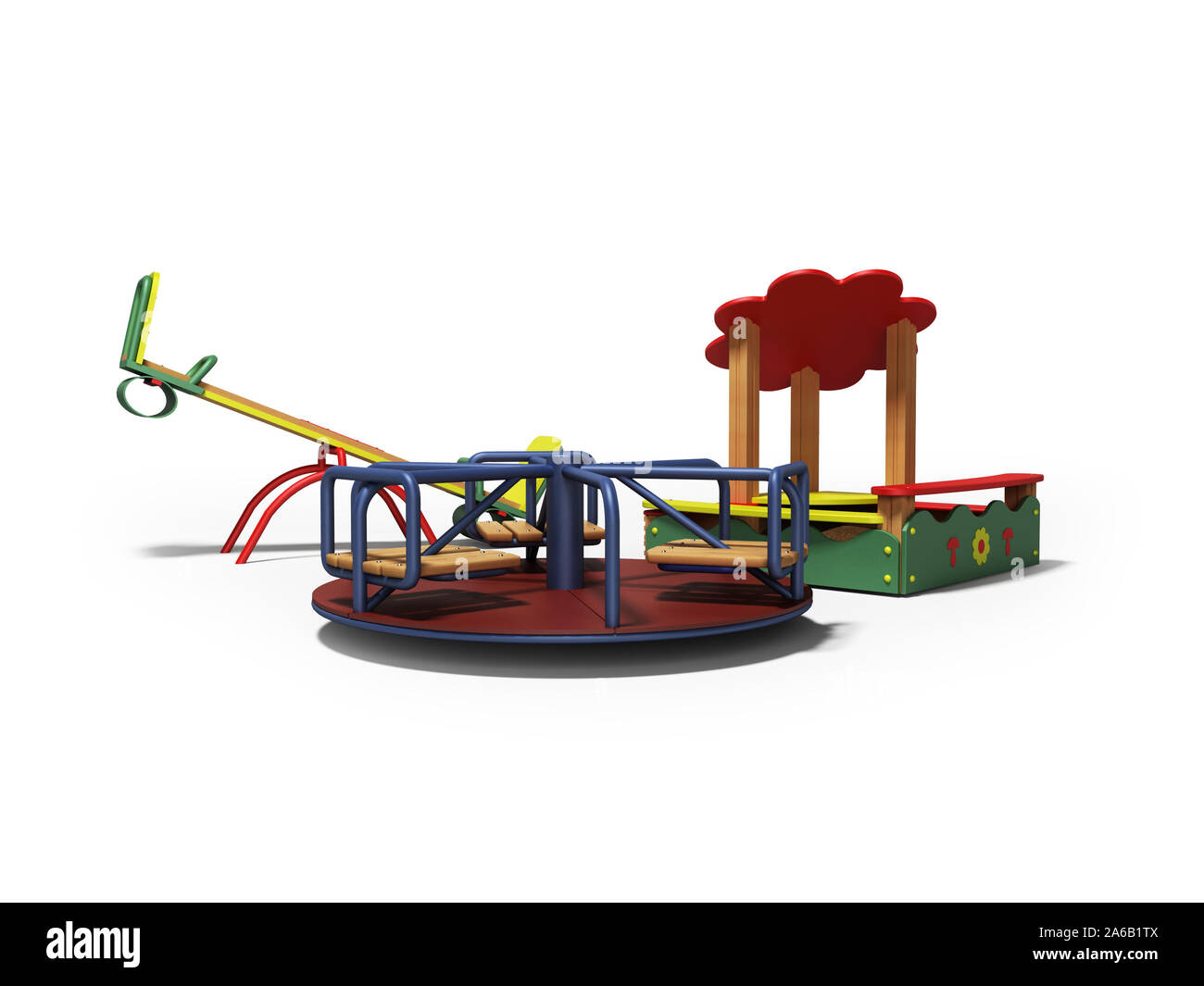 Modern playground for children with sandbox and two swings 3d render on ...