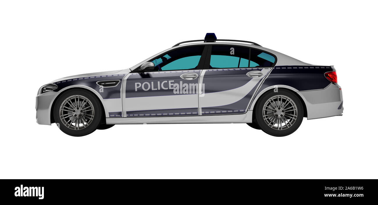 Modern police car with blue accents side view 3d render on white ...