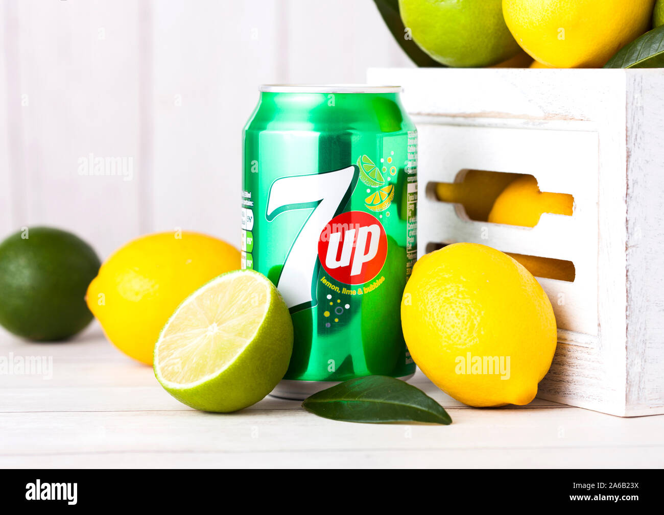 LONDON, UK - APRIL 27, 2018: Aluminium can of 7UP lemonade soda drink ...