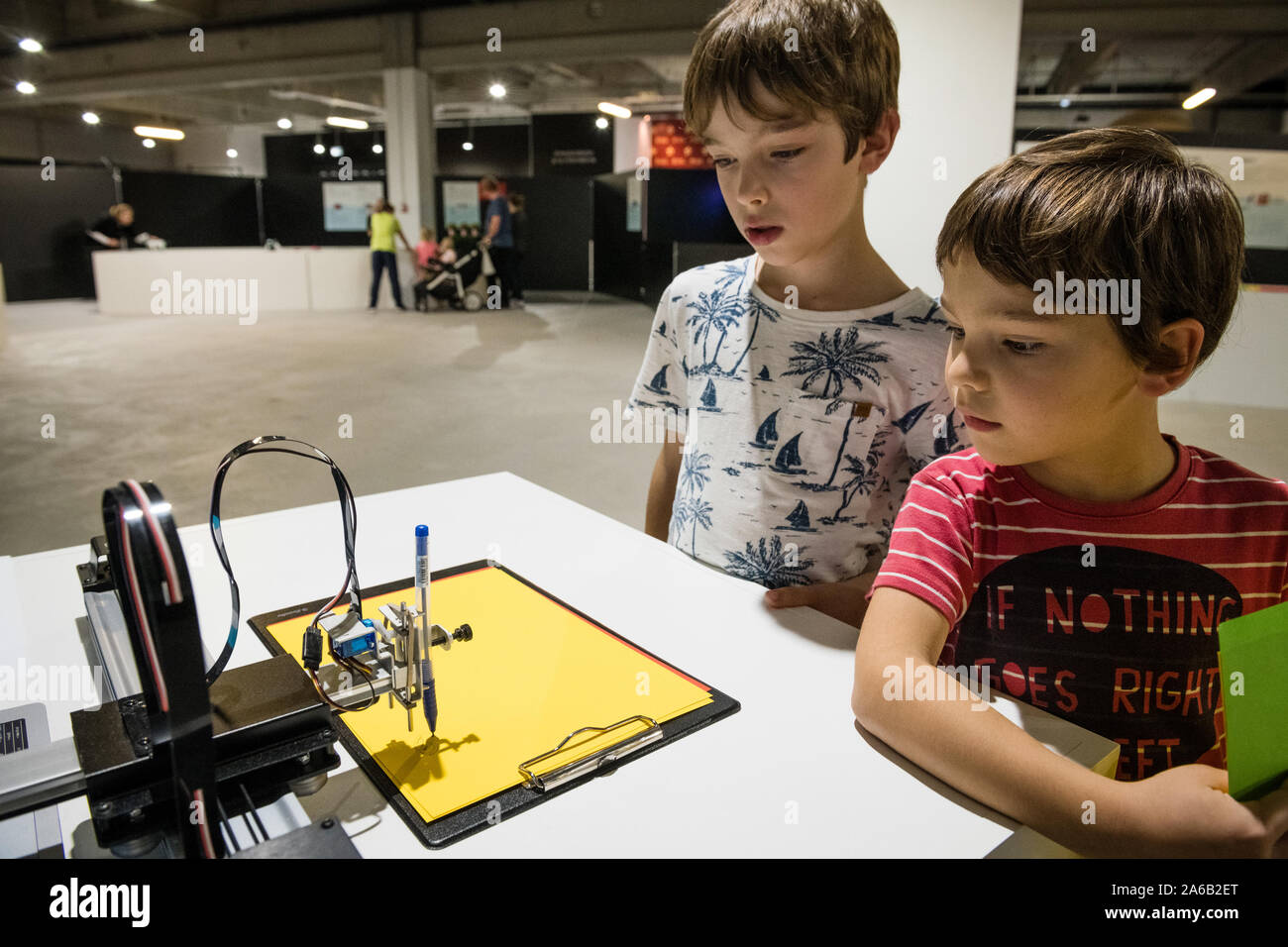 BRATISLAVA, SLOVAKIA - OCT 25, 2019: Robot-plotter AXIDRAW draws ...