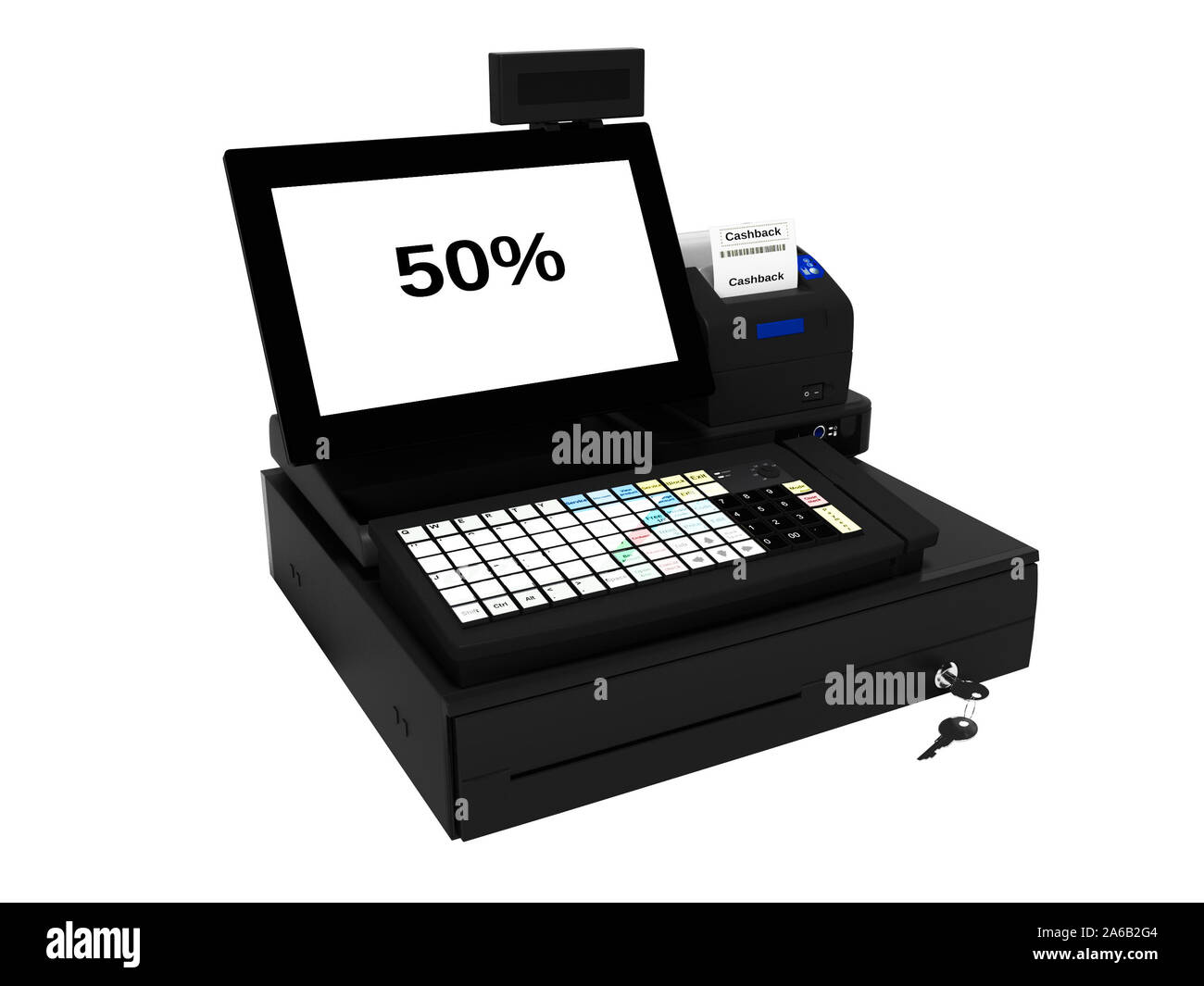 Gray cashier with monitor with cashback function 50 percent when ...