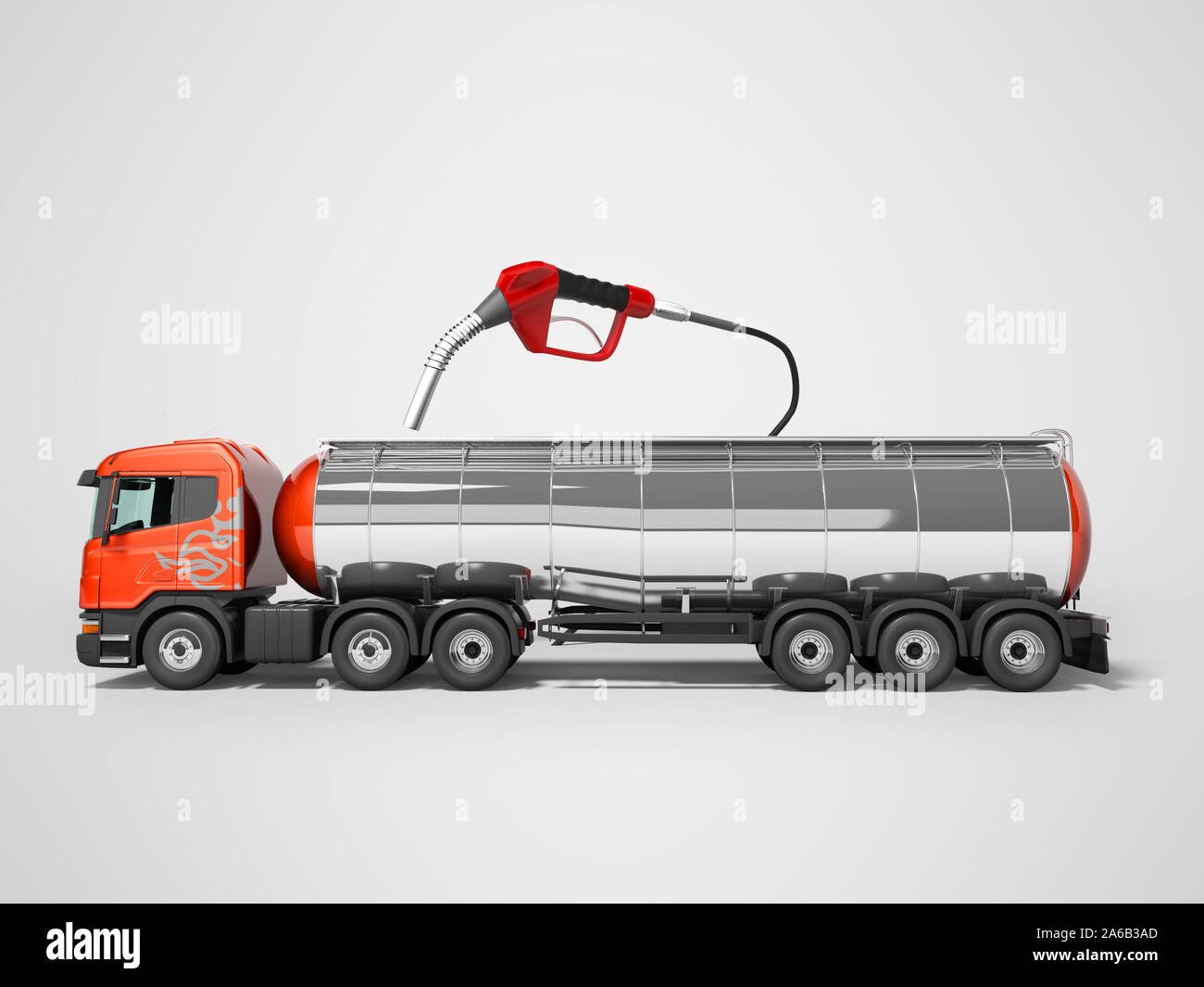 Concept refueling gasoline tank truck with fuel 3d render on gray ...