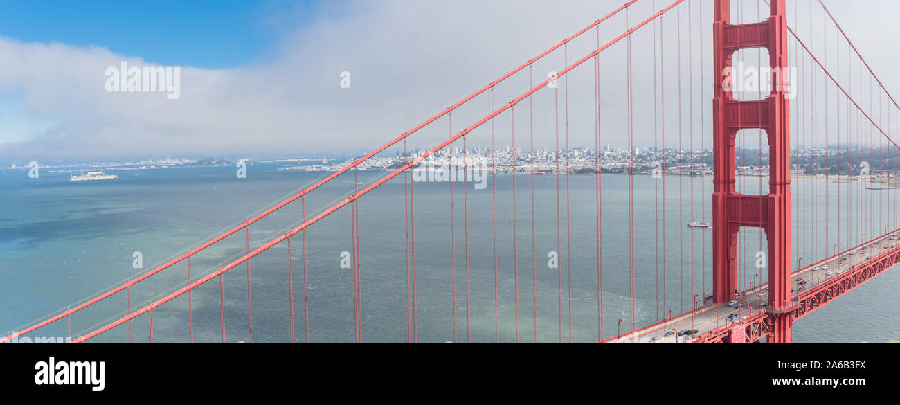 Panorama aerial view of Golden Gate Bridge with traffic from Battery ...