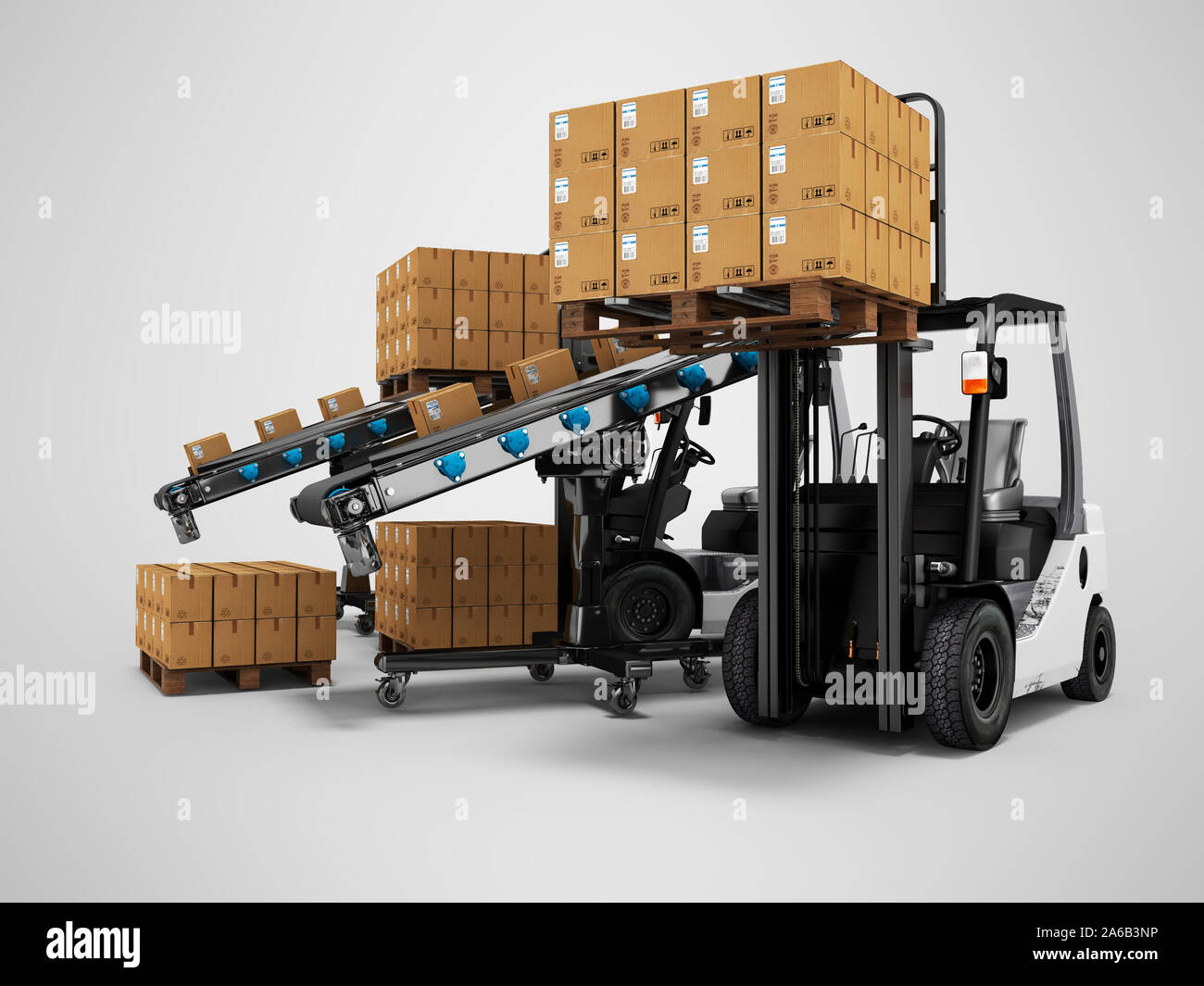 Modern loading forklift products in paper boxes on wooden pallets 3d ...
