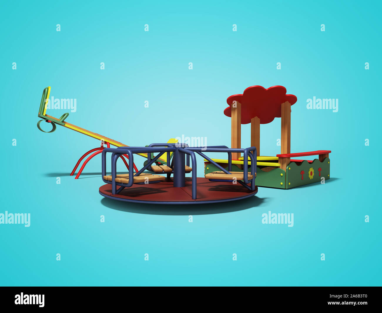 Modern playground for children with sandbox and two swings 3d render on ...