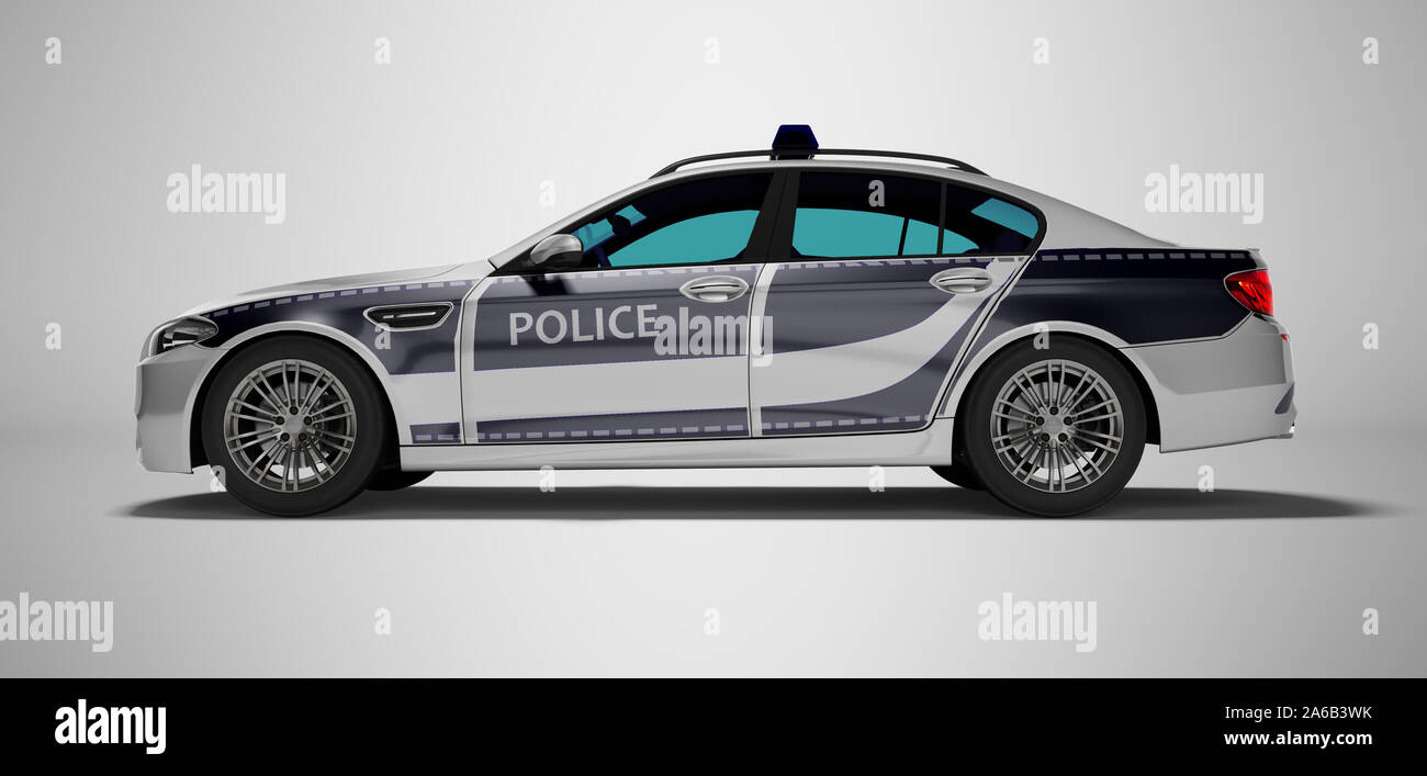 Modern police car with blue accents side view 3d render on gray ...
