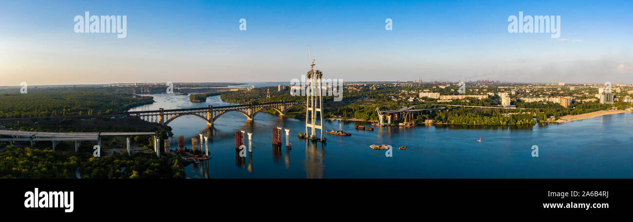 Aerial panorama view of Incomplete Automobile Bridge and Arch Bridge in ...