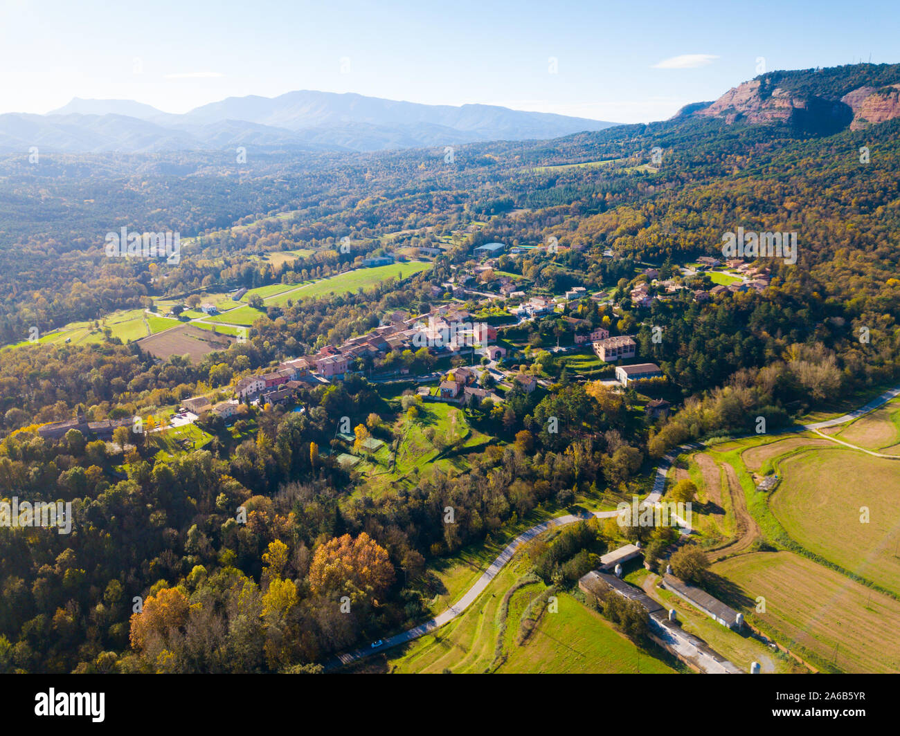 Aerial view of houses and nature of Catalan village Vilanova de Sau ...