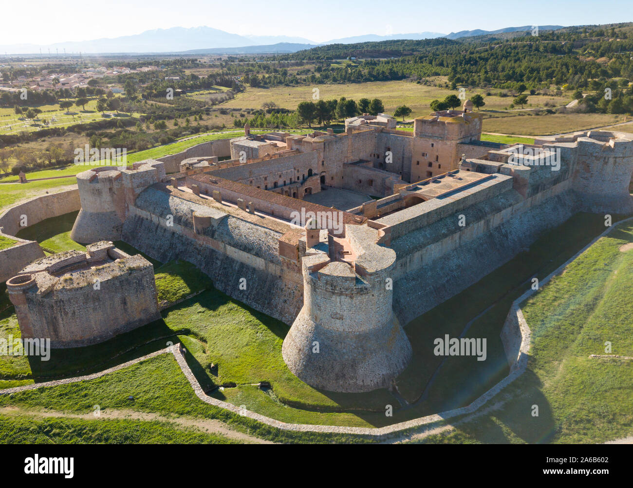 Aerial view of countryside of Northern Catalonia with massive ancient ...