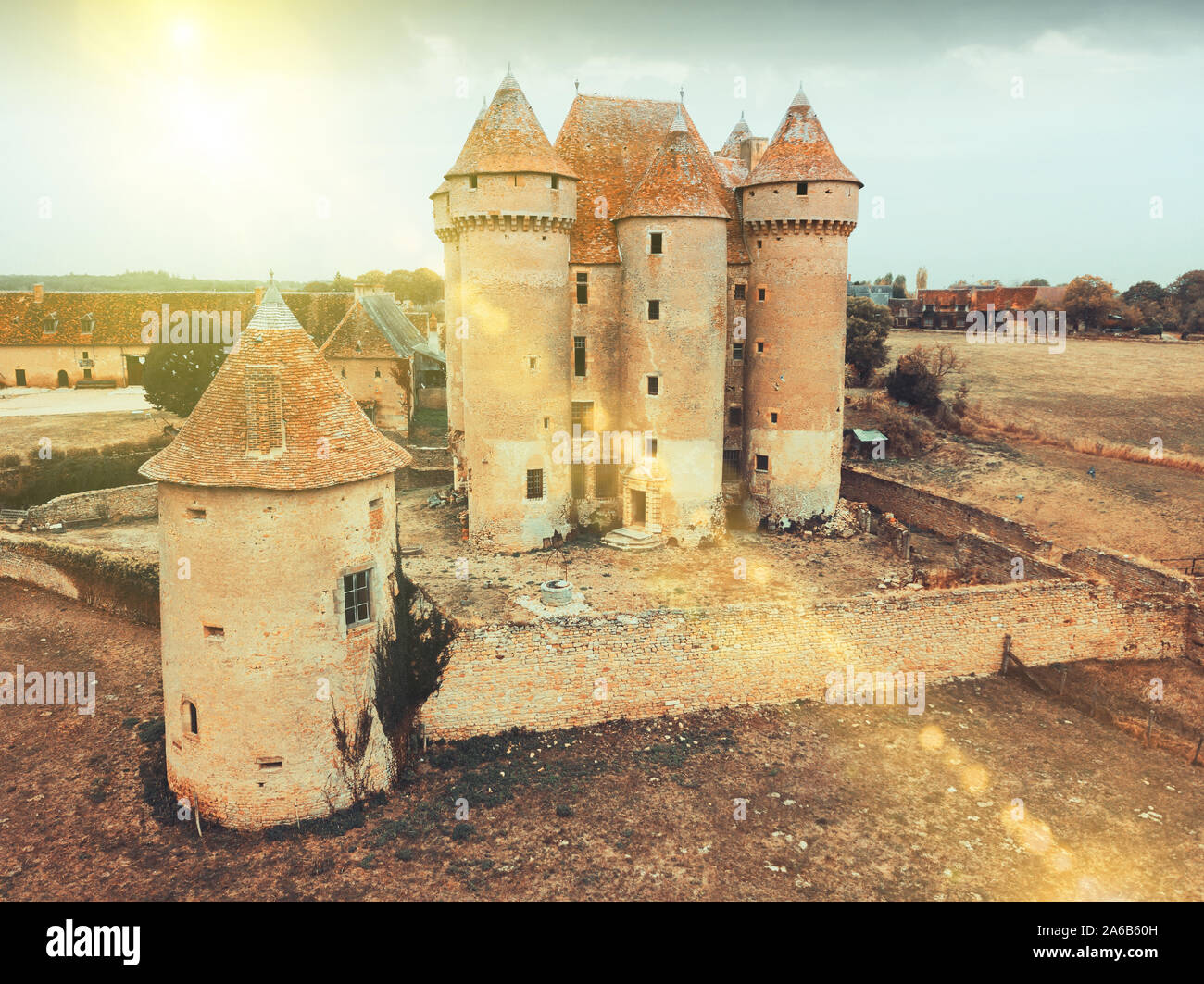 Aerial view of medieval fortification Chateau Sarzay in France Stock ...