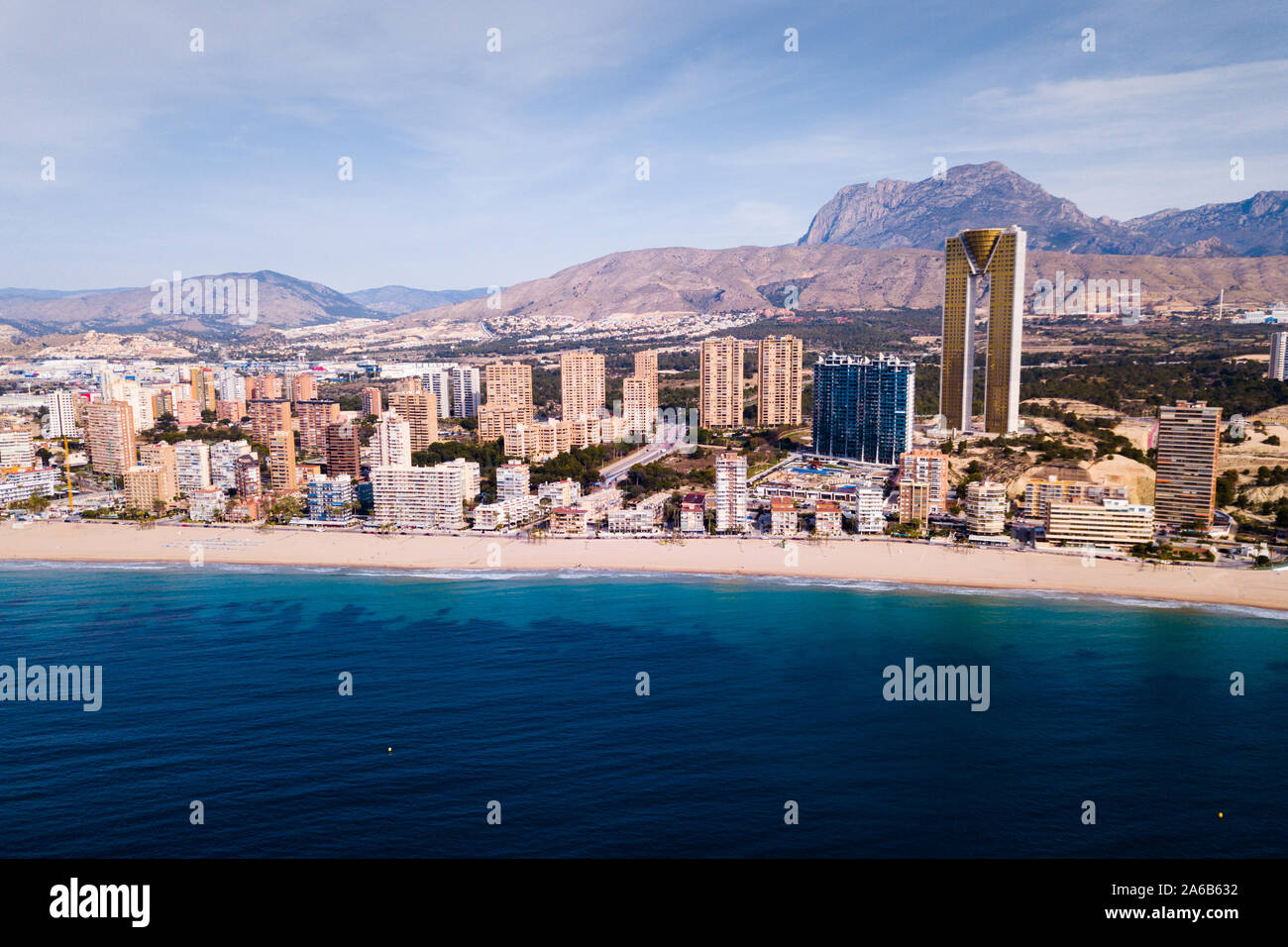 Panoramic aerial view of coast line at Benidorm with view of buildings ...