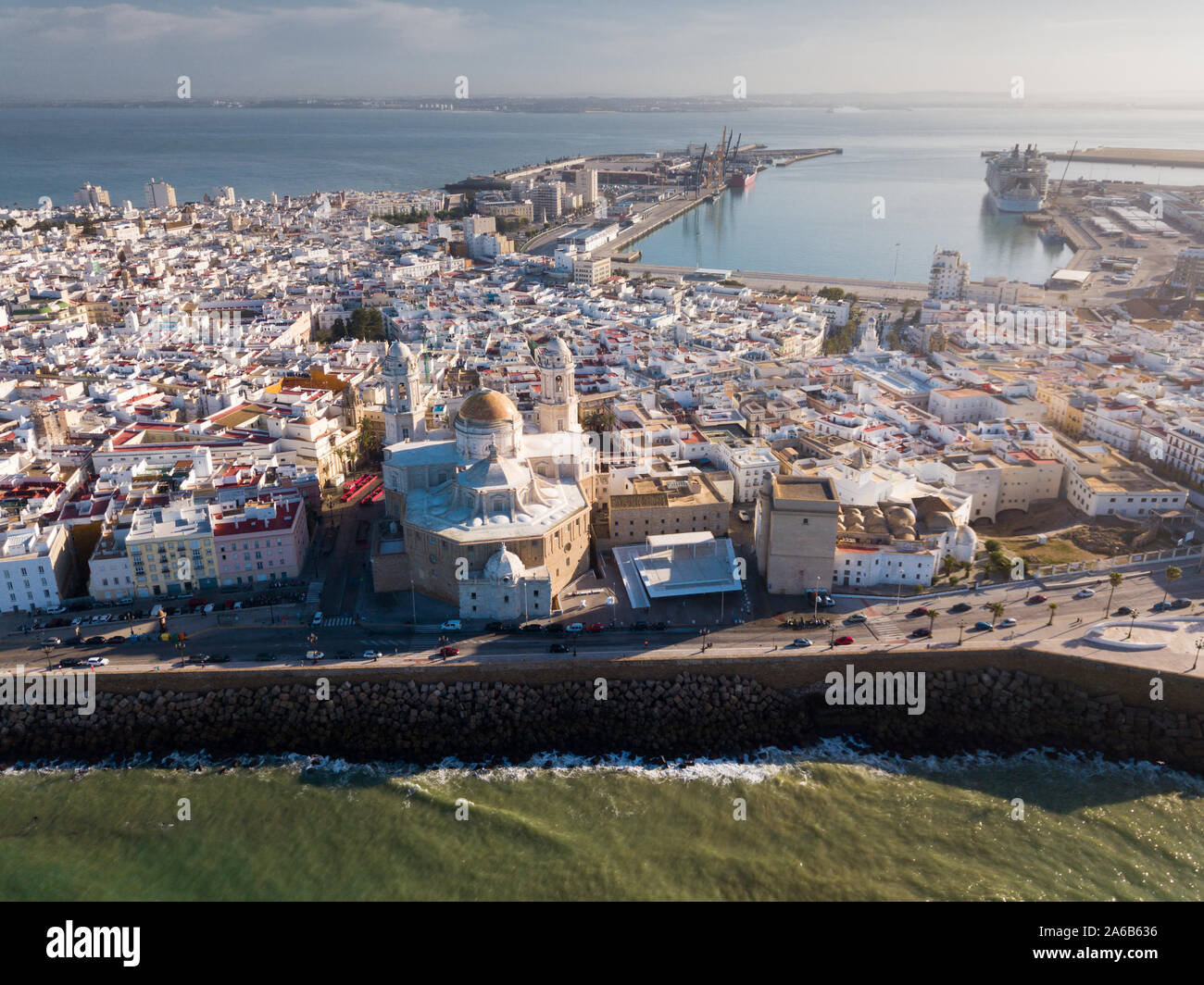 Aerial view of old town Cadiz with port and buildings at seashore ...