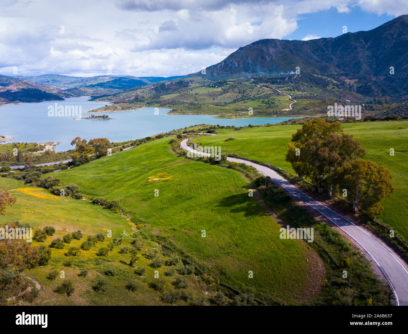 Aerial view of spring landscape of Zahara-el Gastor reservoir ...