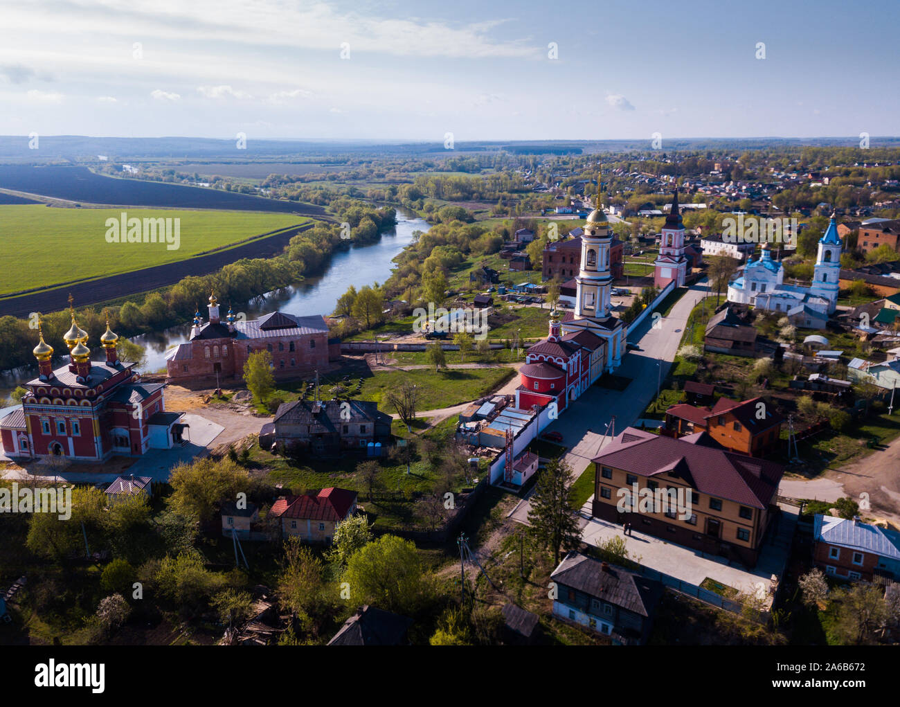 Aerial view of picturesque Belyov cityscape with Oka river overlooking ...