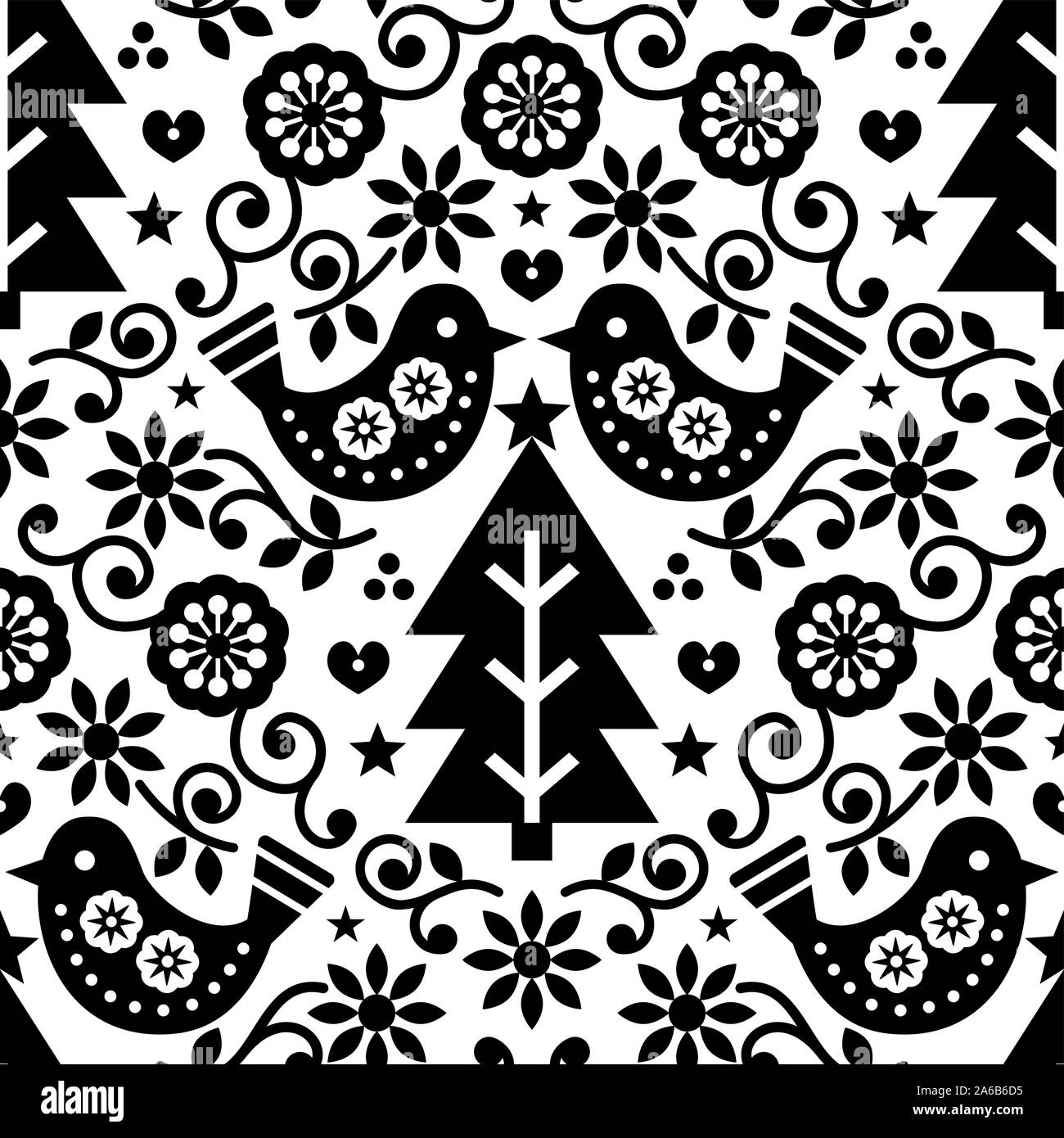 Background pattern birds flowers leaves Black and White Stock Photos ...