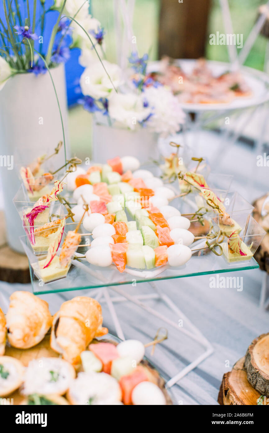 catering services background with snacks on the table in restaurant at ...