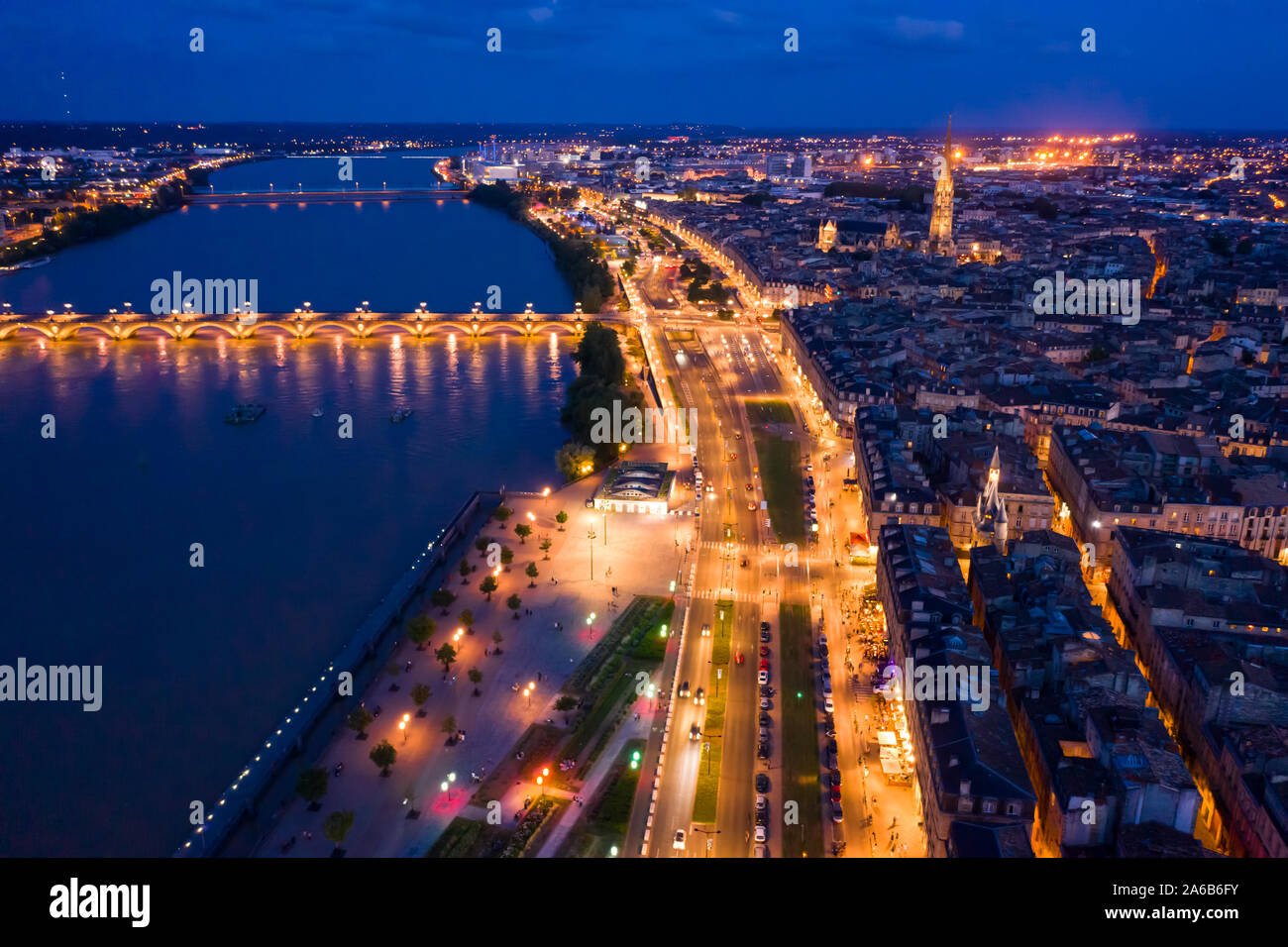 Night aerial view of historic centre of Bordeaux. France Stock Photo ...