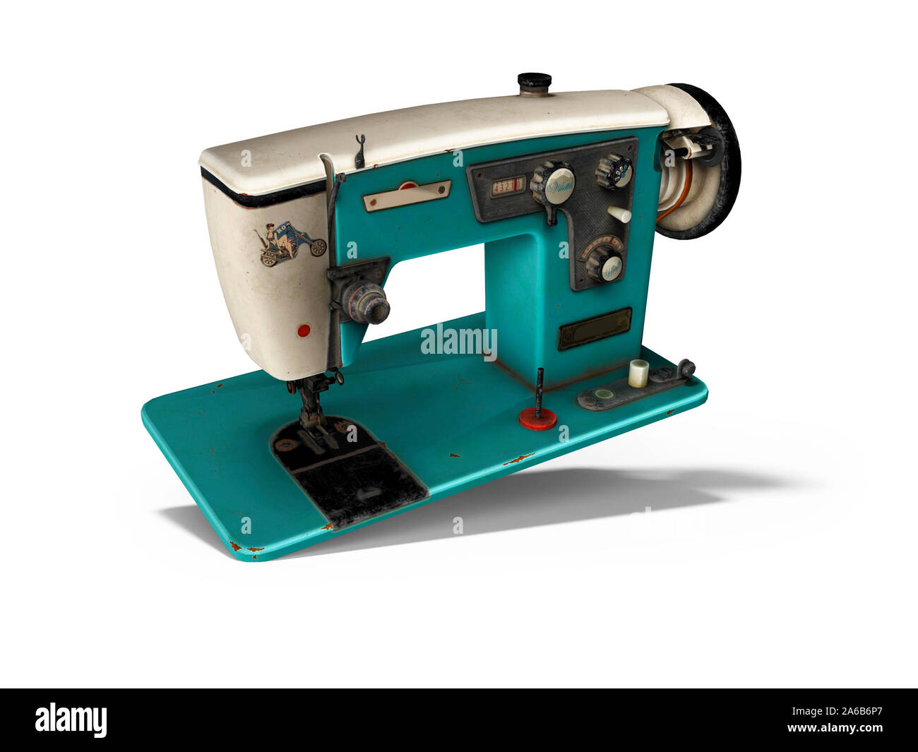 Blue old electric sewing machine falls on the floor 3d render on white ...