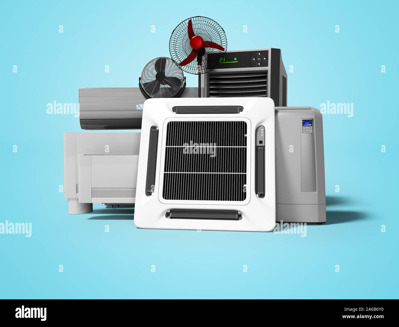 Group of office cooling equipment air conditioning fan 3d render on ...