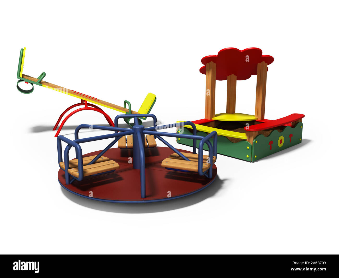 Modern playground for children with sandbox and swings 3d render on ...